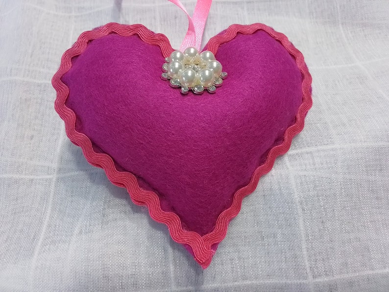A Small Padded Heart in Purple Felt With Red Ric-rac Edging With Pearl ...