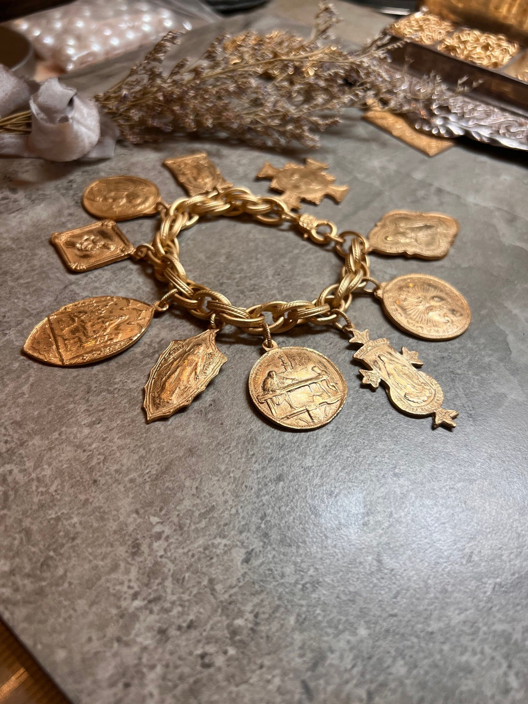 Religious Charm Bracelet | Antique Replica | Bronze Clay | Catholic ...