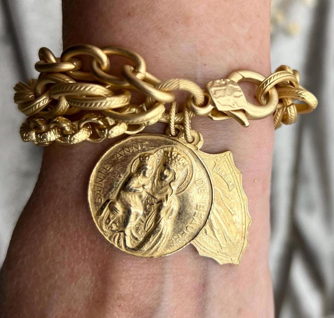 Chunky Religious Charm Bracelet With Bronze Clay Antique Replica Medals ...