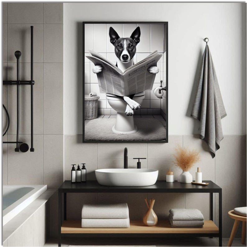 Funny Basenji Bathroom Wall Art, Basenji Sitting on the Toilet, Basenji ...