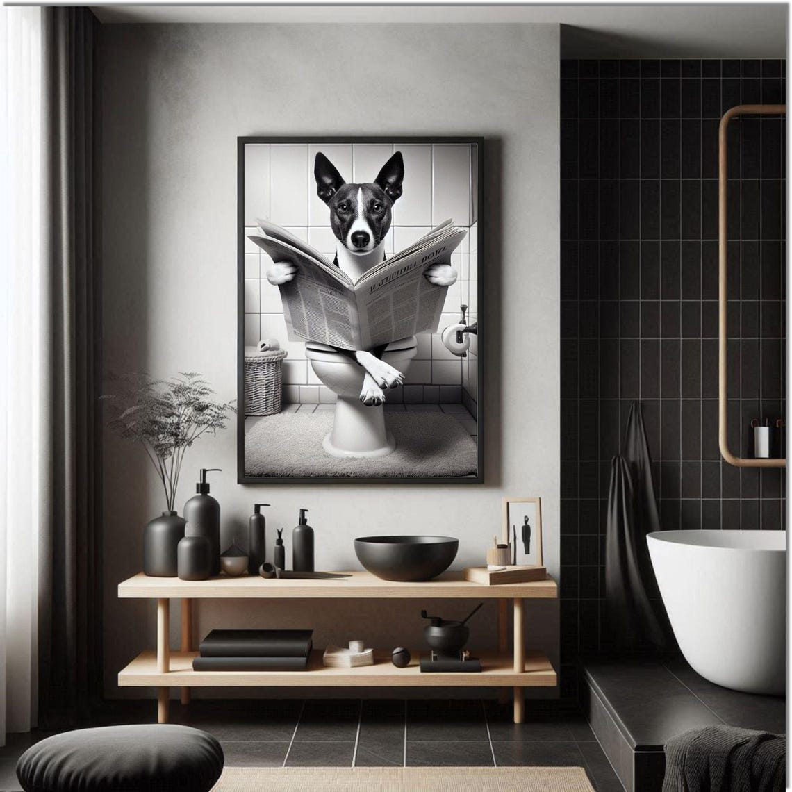 Funny Basenji Bathroom Wall Art, Basenji Sitting on the Toilet, Basenji ...