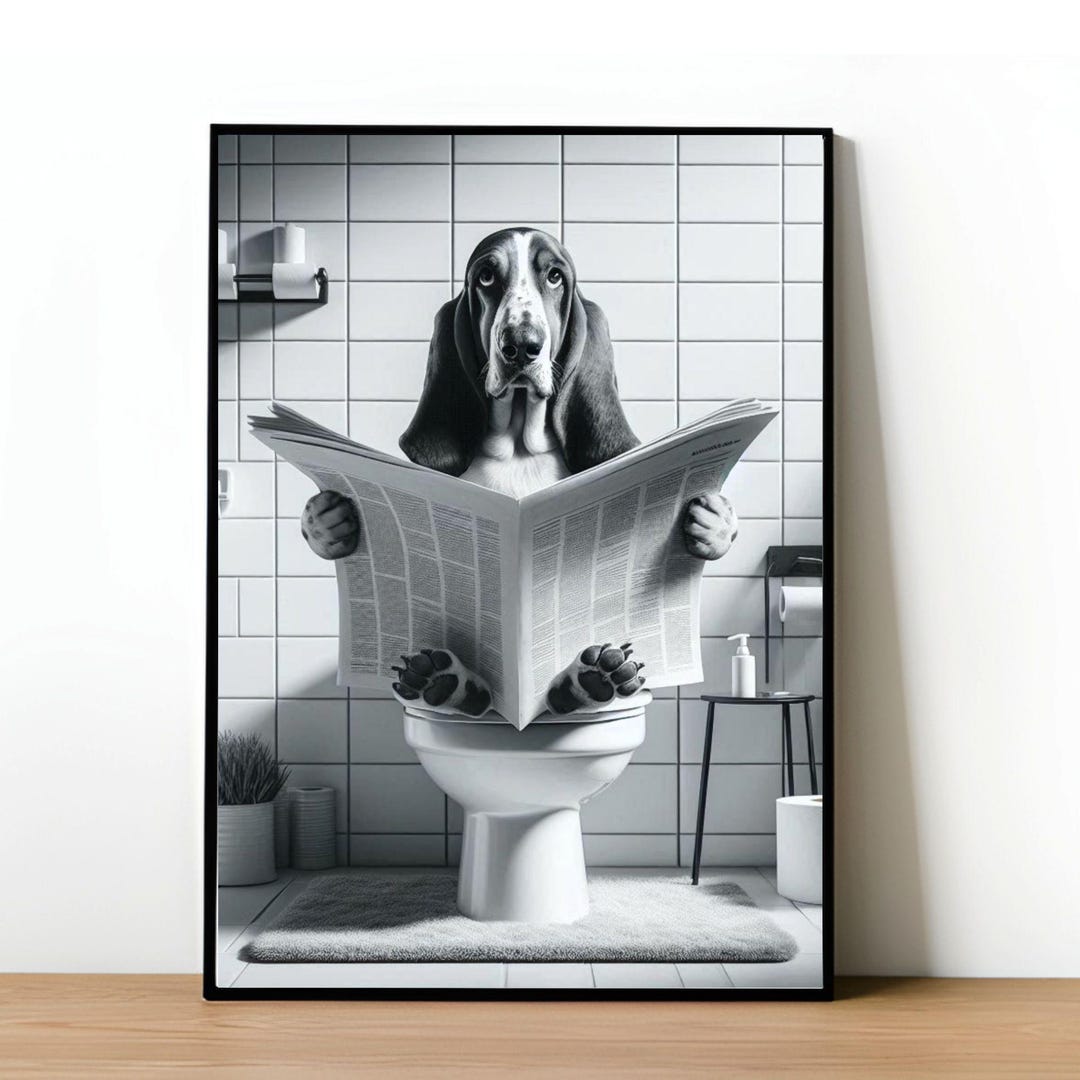 Funny Basset Hound Bathroom Wall Art, Basset Hound Sitting on Toilet ...