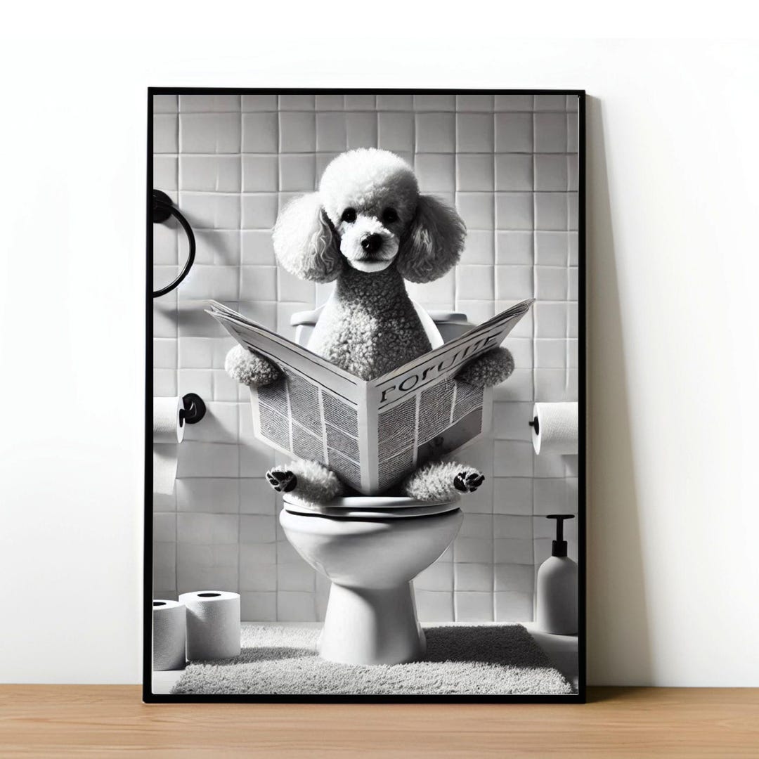Funny Poodle Bathroom Wall Art, Dog Sitting on the Toilet, White Poodle ...