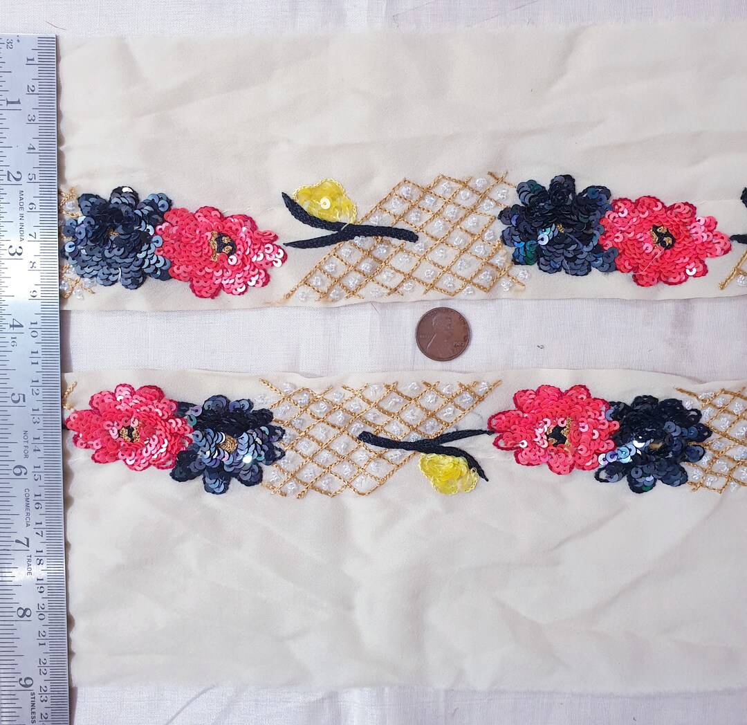 RARE Vintage Sari Lace Border Edging Trim Lace Ribbon Real Glass Beads Sequins 2 Feet K47 S334 ...