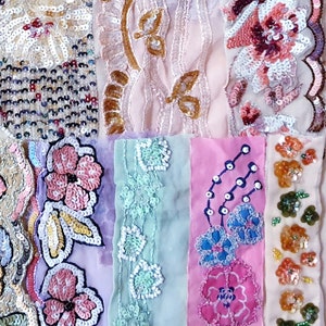 RARE Lot Antique Vintage Sari Trim Lace Ribbon 20 Pcs Pastel REAL GLASS Beads Sequins Get What ...