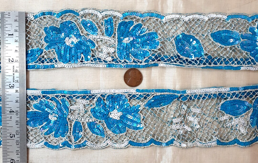 RARE Vintage Sari Lace Border Edging Trim Lace Ribbon Real Glass Beads Sequins 2 Feet K34 S421 ...