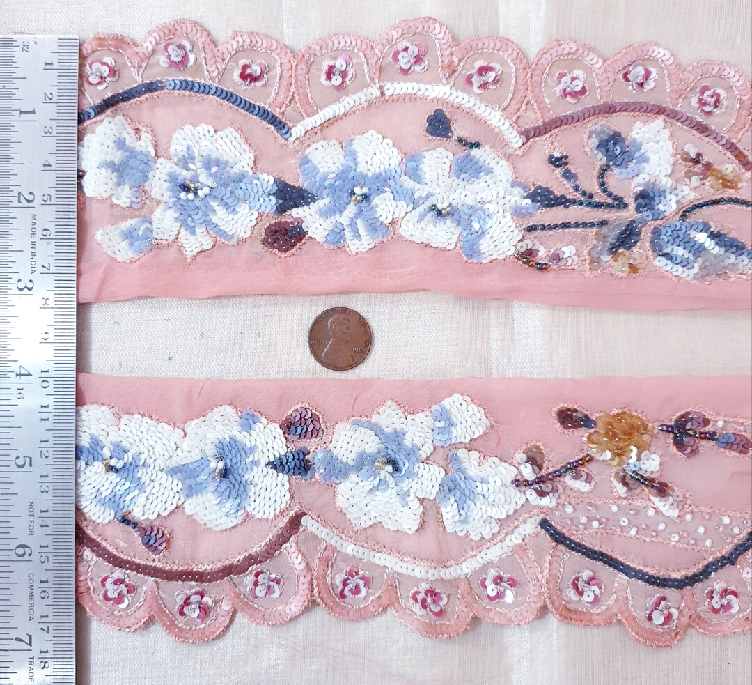 RARE Antique Vintage Sari Trim Lace Ribbon Real Glass Beads Sequins Embroidery Tiki WORK! 2 FEET ...