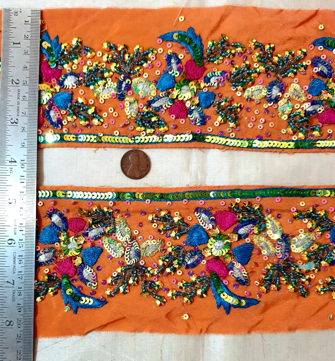 RARE Border Vintage Sari Lace Border Edging Trim Lace Ribbon Real Glass Beads Sequins 2 Feet K67 ...