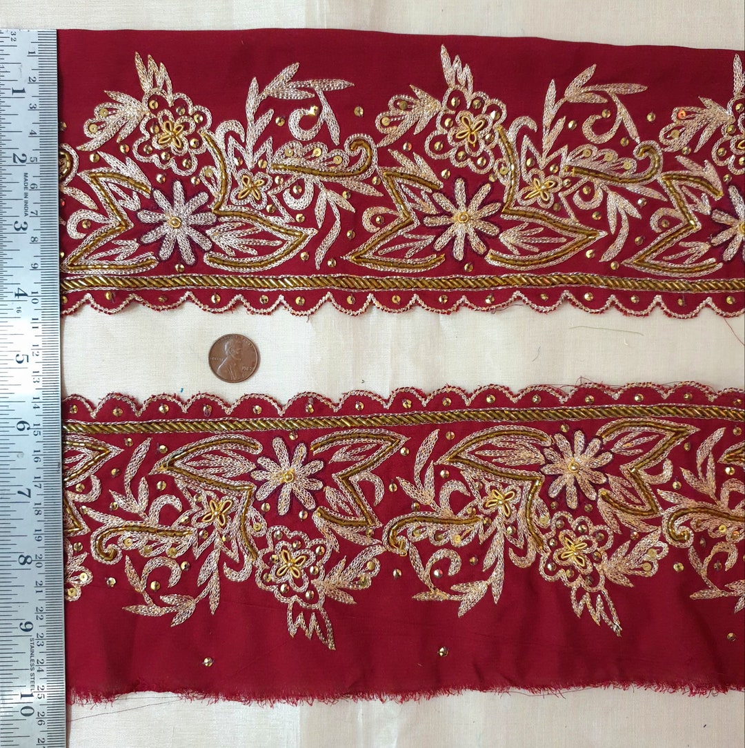 RARE Vintage Sari Lace Border Edging Trim Lace Ribbon Embroidery, Golden Zari & Beads Sequins ...