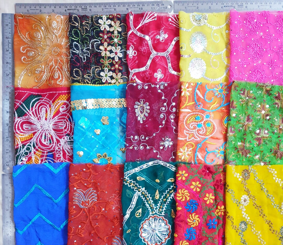 Sari Silk Fabric Remnant Embroidered 15 Pieces Sewing Craft Home Decor ...