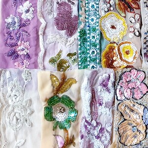 RARE Lot Antique Vintage Sari Trim Lace Ribbon 20 Pcs Pastel REAL GLASS Beads Sequins Get What ...