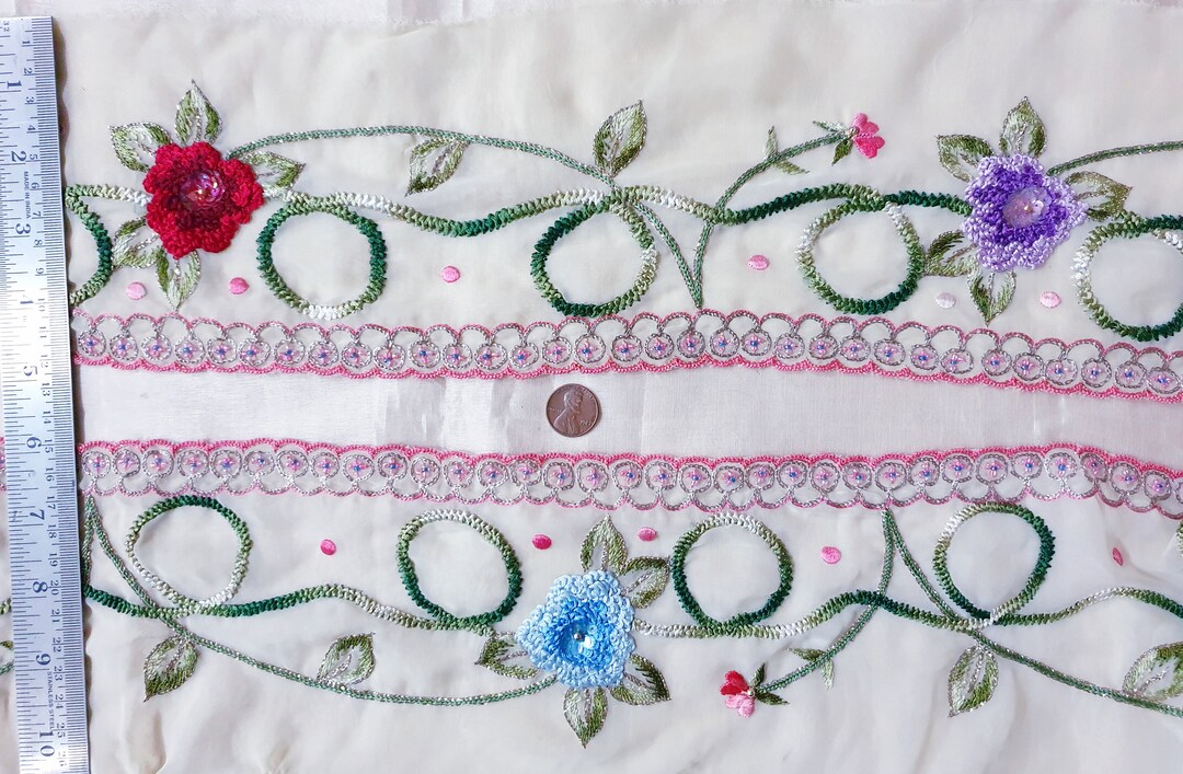 RARE Vintage Sari Lace Border Edging Trim Lace Ribbon Real Glass Beads Embroidery Sequins 2 Feet ...