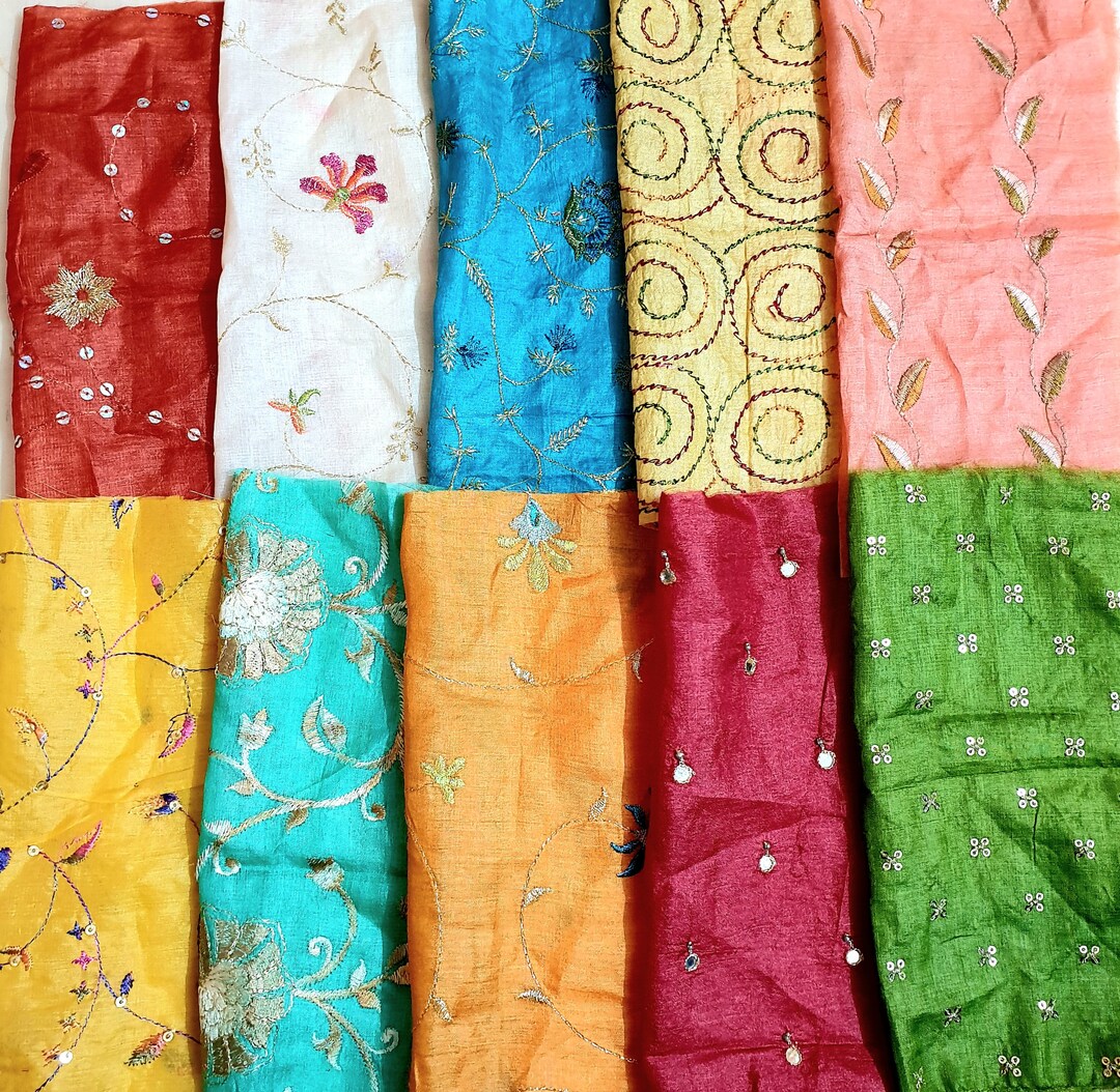 Pure Sari Silk Fabric Embroidered Remnants EMBROIDERED 8 Inch * 8 Inch ...