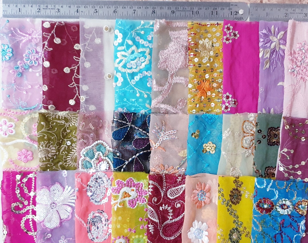 Embroidered Beaded Swatches 4x6 Sari Silk Vintage Dupatta for Junk ...