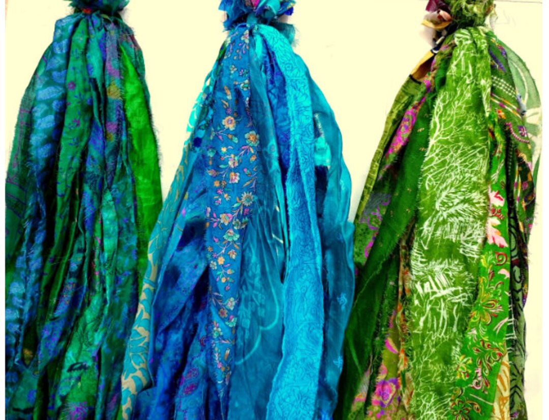 42 Yards Unstitched PURE Silk Sari Ribbon Yarn Tassels Henna Aqua Green ...