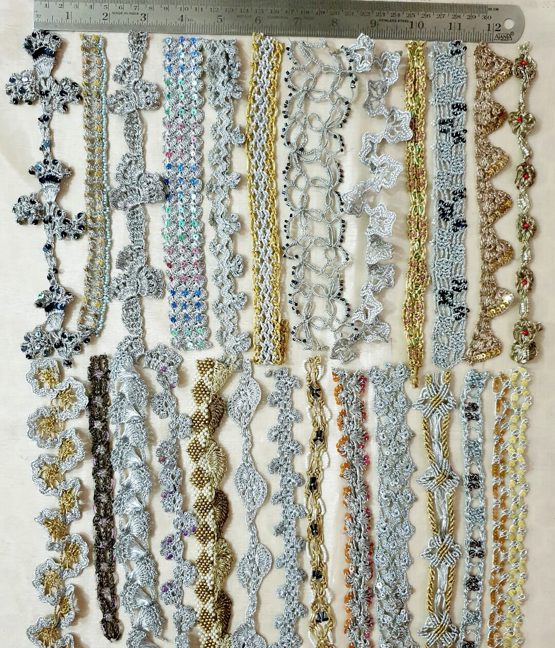 RARE Lot Antique Vintage Sari Trim Lace Ribbon 25 Pcs SILVER and GOLD Zari With Glass Beads Art ...
