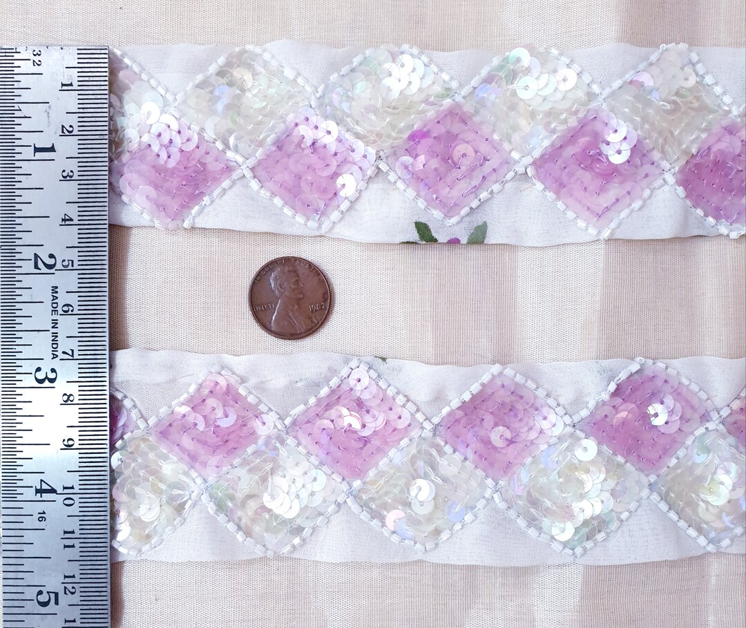 RARE Vintage Sari Lace Border Edging Trim Lace Ribbon Real Glass Beads Sequins 2 Feet K210 PL3 ...