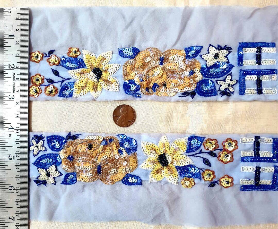 RARE Vintage Sari Lace Border Edging Trim Lace Ribbon Real Glass Beads Sequins 2 Feet K27 S363 ...