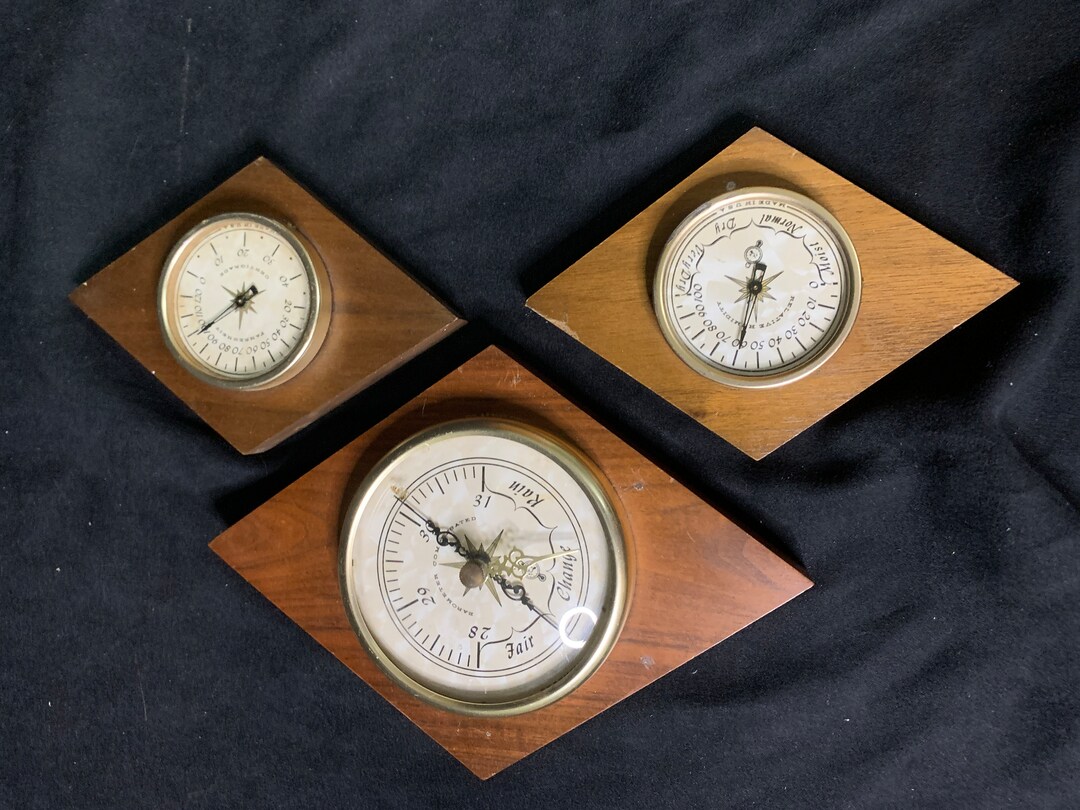 Vintage Geo Mod Design Wood Barometer, Relative Humidity and Fahrenheit ...