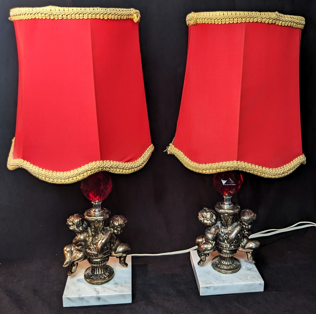Vintage CHERUB Cupid TABLE LAMPS With Red Orb Marble Base Original ...