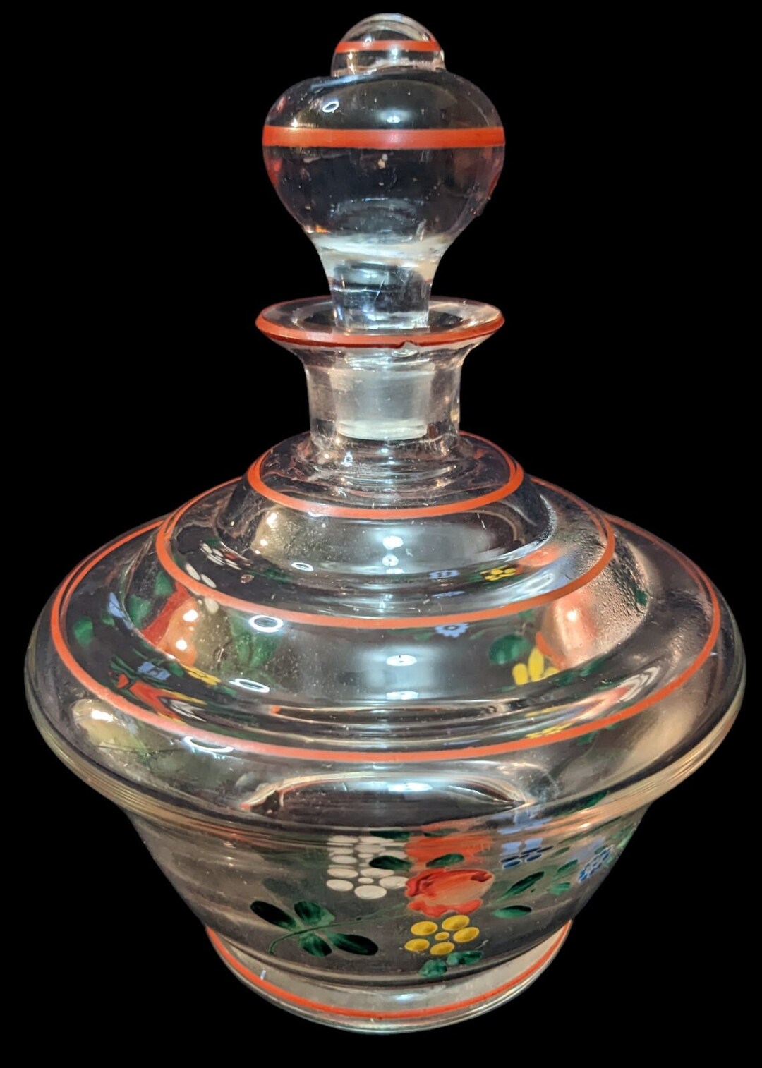 Hand Blown Hand Painted Decanter With Enameled Red Stripes and Floral ...