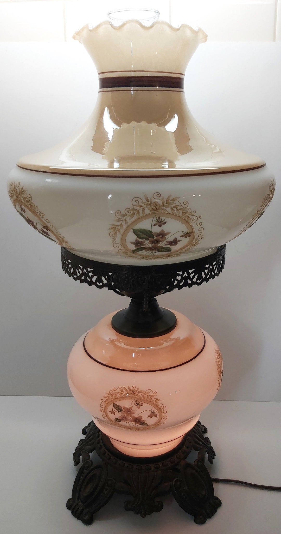 Vintage Lantern Hurricane Table Top Lamp Painted Flowers Shades - Etsy