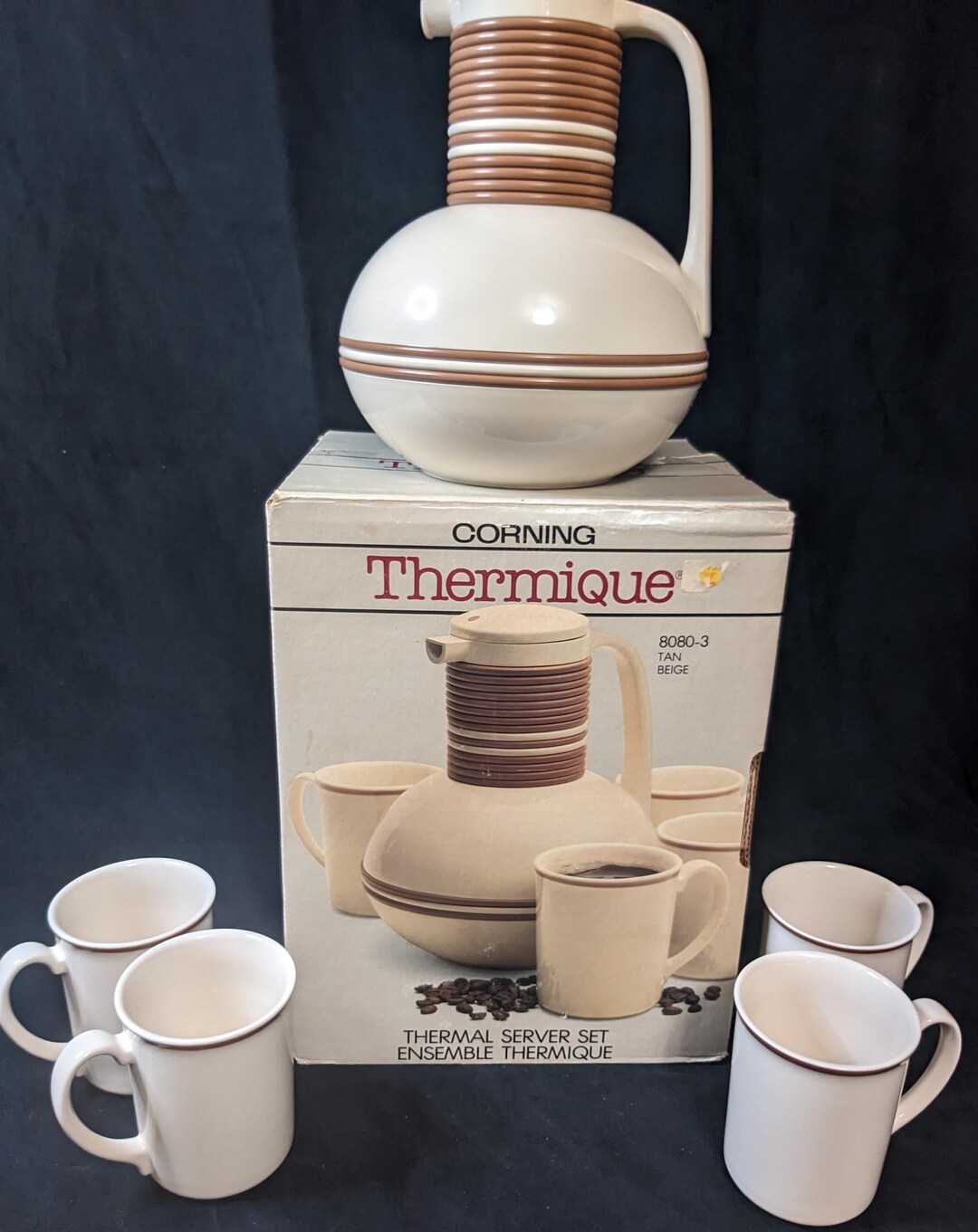 NEW Old Stock CORNING THERMIQUE Thermal Server Set With 4 Mugs Opened ...