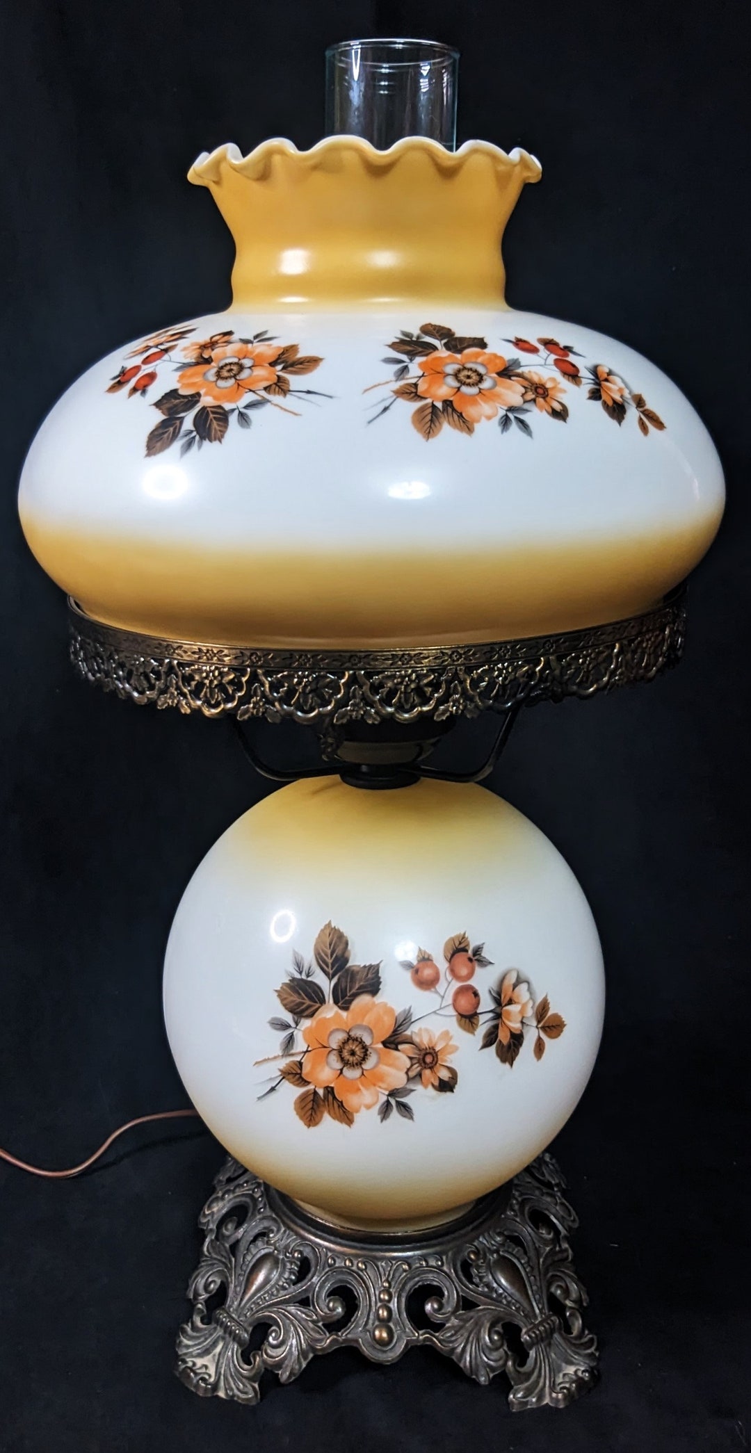 Vintage Milk Glass Hand Painted Hurricane Electric Table Tri Action ...