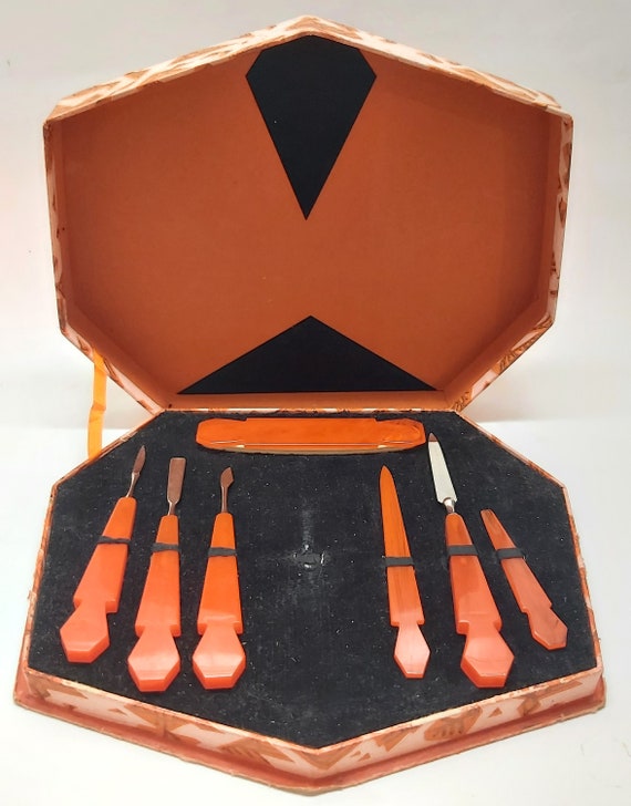 Art Deco Celluloid Manicure Set Orange - Etsy