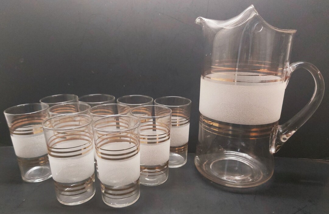 MCM Glass Carafe Pitcher and 10 Tumbler Set Frosted Gold Trim - Etsy