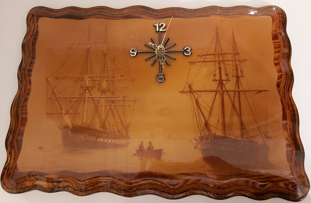 Large Vintage Wood WALL CLOCK Nautical Ships Marine 22" X 15" Working ...