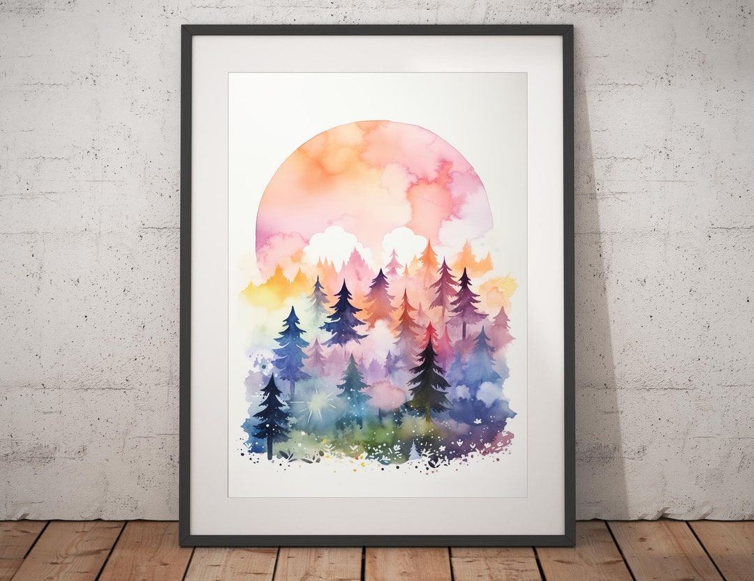 Colorful Forest Watercolor Print - Unframed, Watercolor Wall Art, Wall ...