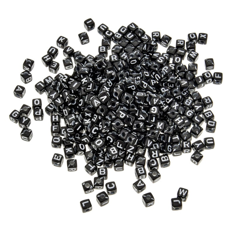 100 White Letter Cube Beads, Black Alphabet Cube Bead, White With Black ...