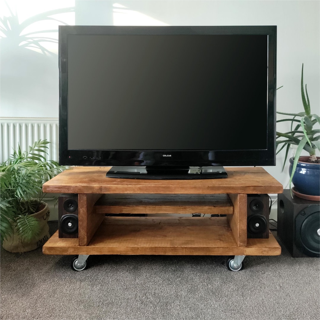 Rustic Wood TV Stand With Castor Wheels - Etsy