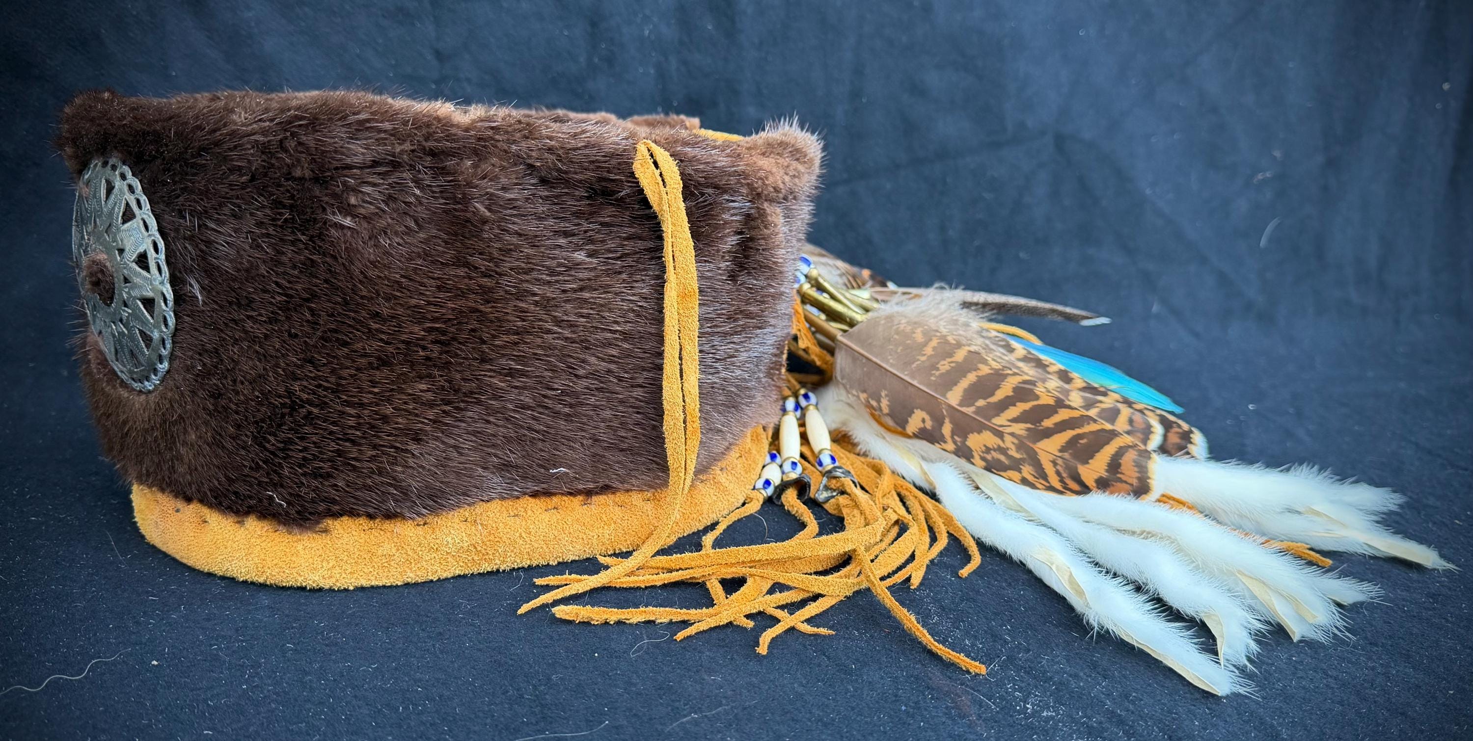Old Style Plains Indian Fur Turban | Ceremonial Headdress | Feather ...