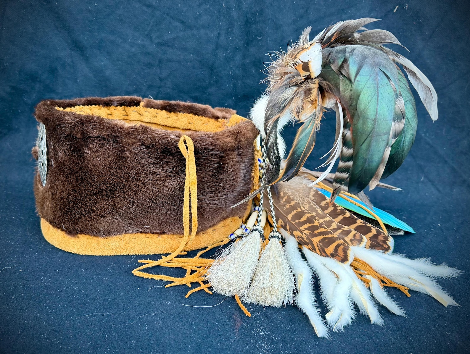 Old Style Plains Indian Fur Turban | Ceremonial Headdress | Feather ...