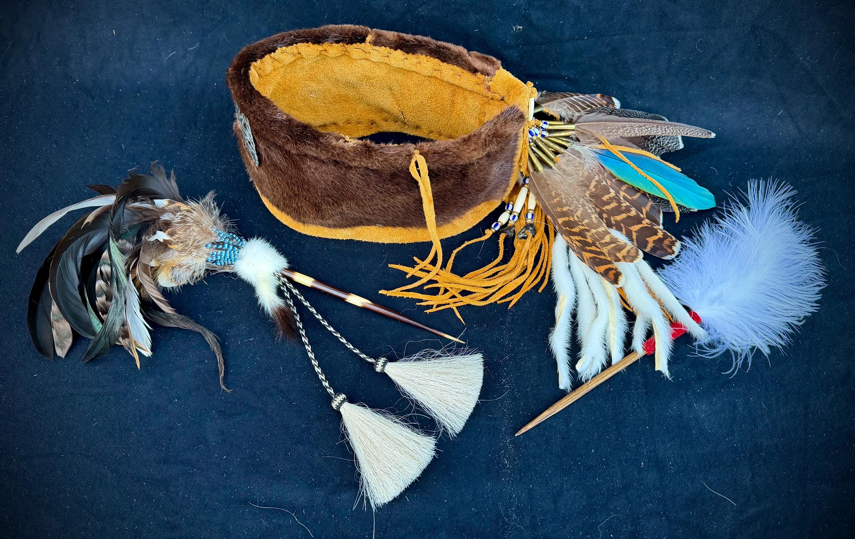 Old Style Plains Indian Fur Turban | Ceremonial Headdress | Feather ...