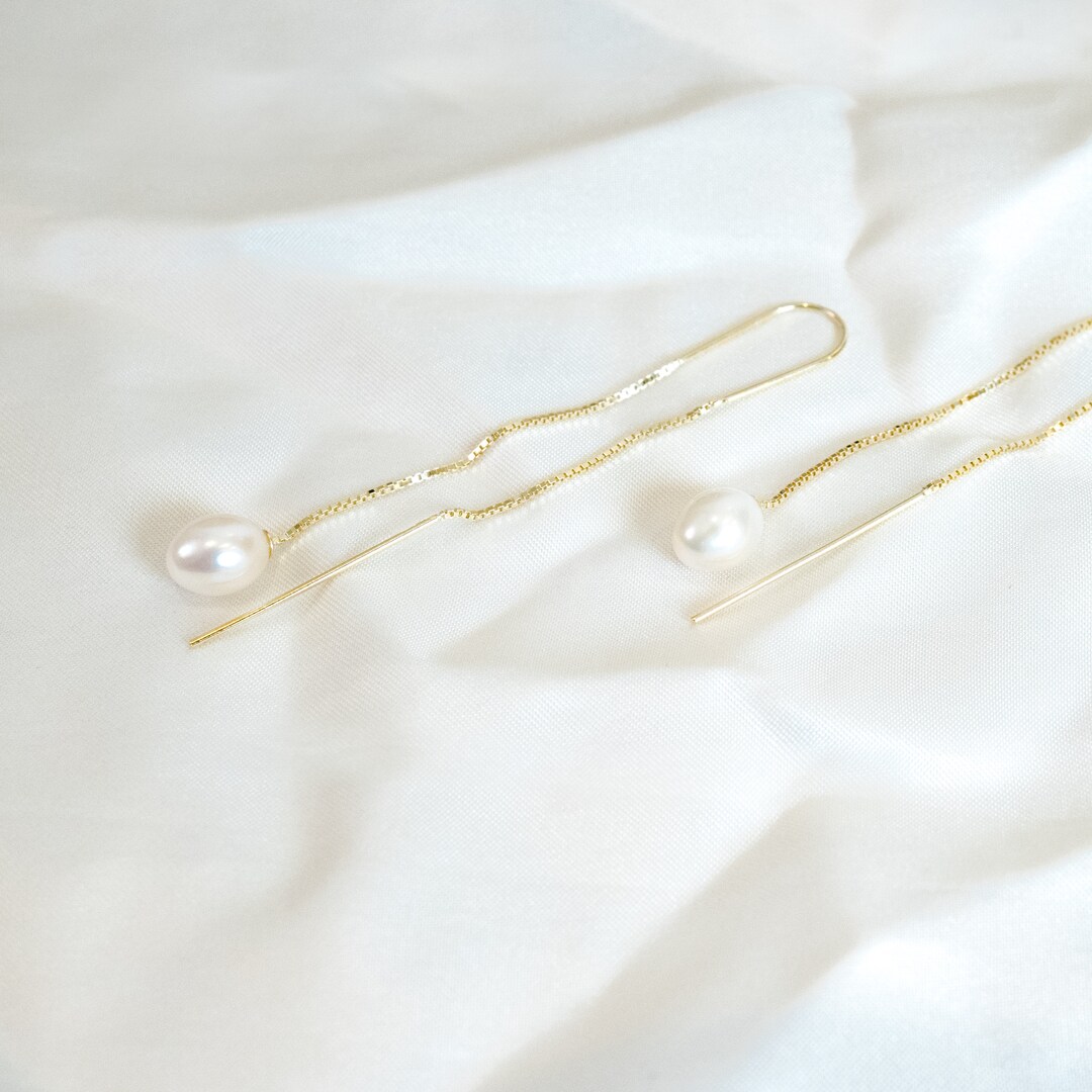 Pearl Needle Earrings, Gold Thread Earrings, Pearl Threader Earrings ...