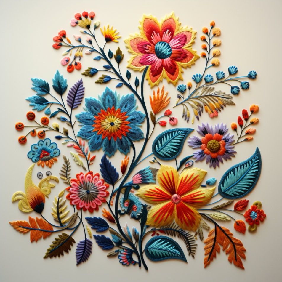 Bohemian Bliss Digital Embroidery Art Prints Set - Nature-inspired ...