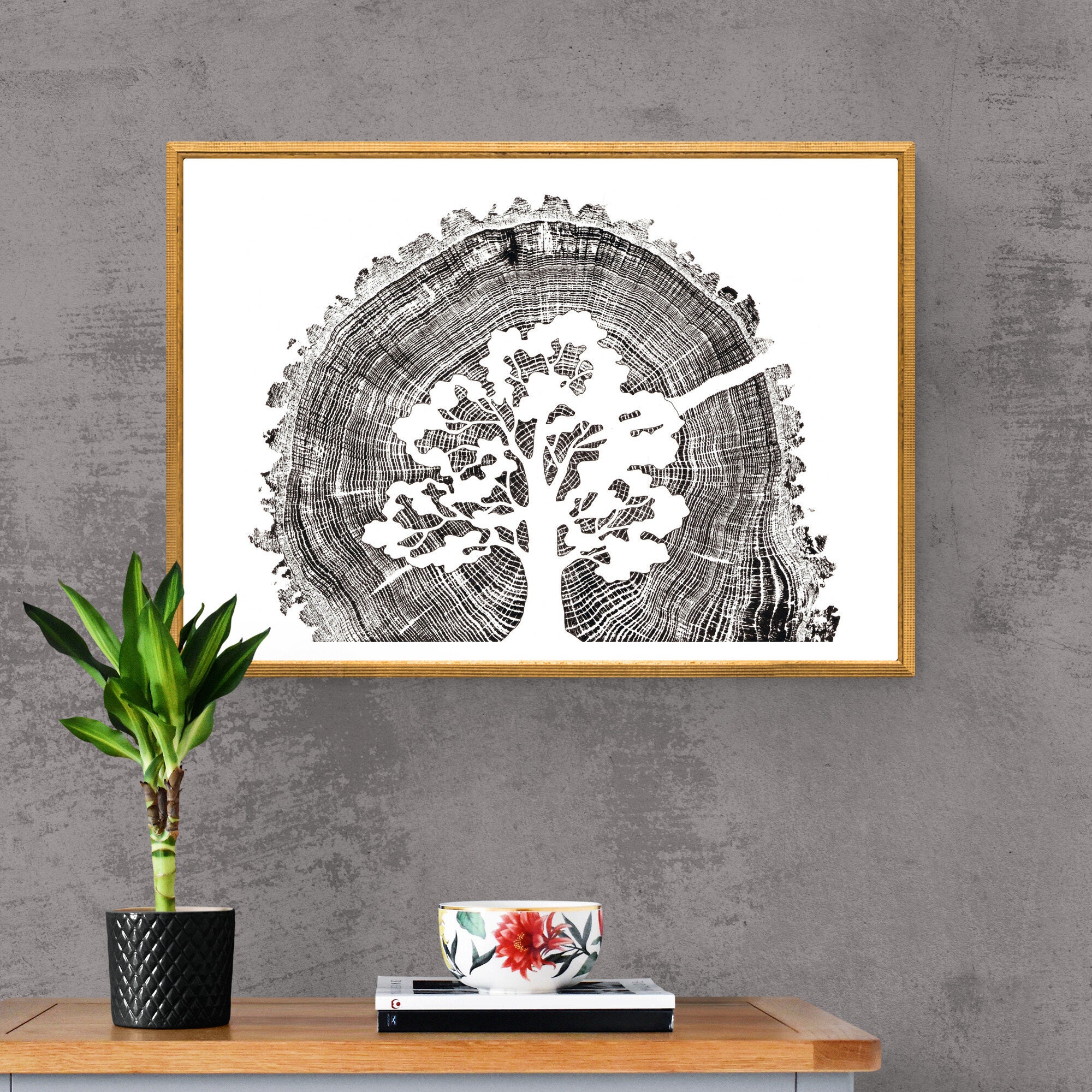 Oak on Oak Tree Ring Print Download, Printable Tree Ring Print, Woodcut ...