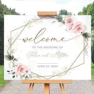 Boho Greenery Wedding Welcome Sign Template With Pink Roses INSTANT ...