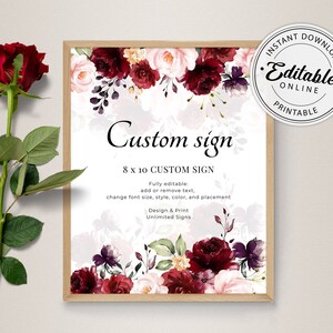Burgundy Wedding Custom Sign Template, Portrait and Landscape • INSTANT ...