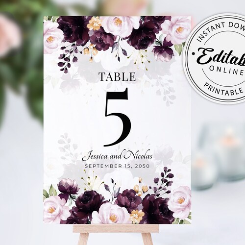 Purple Wedding Table Numbers Template INSTANT DOWNLOAD - Etsy