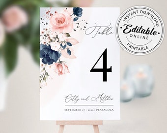 Blue Wedding Table Numbers Template Table Number Signs | Etsy