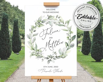 Boho Greenery Wedding Welcome Sign Template With Eucalyptus | Etsy