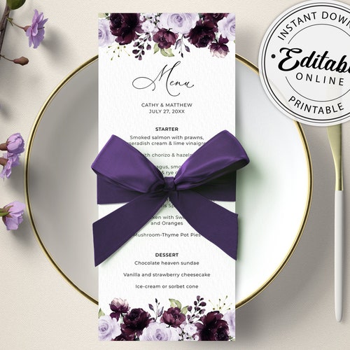 Purple Menu Template wedding Bridal Shower Dinner Brunch | Etsy