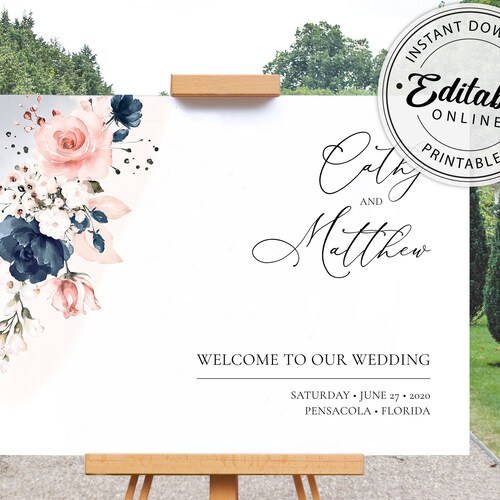 Navy and Blush Wedding Welcome Sign Printable Wedding Welcome - Etsy