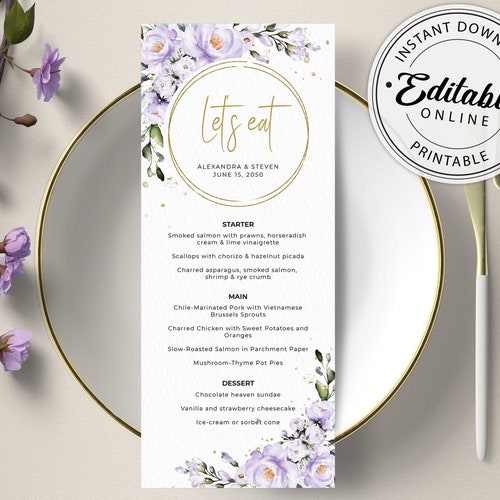 Lavender Menu Template wedding Bridal Shower Dinner - Etsy
