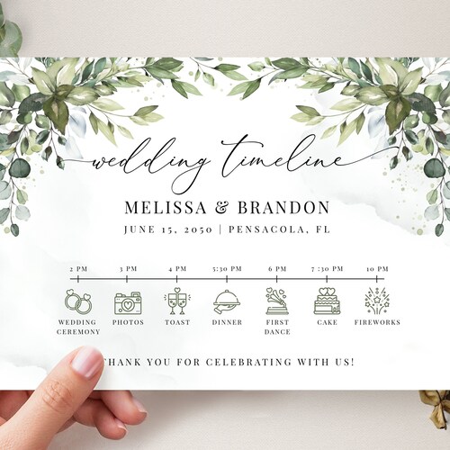 Greenery Wedding Timeline Card Template Wedding Day Schedule | Etsy