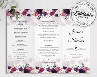 Wedding Program Template With Lavender and Purple Roses - Etsy